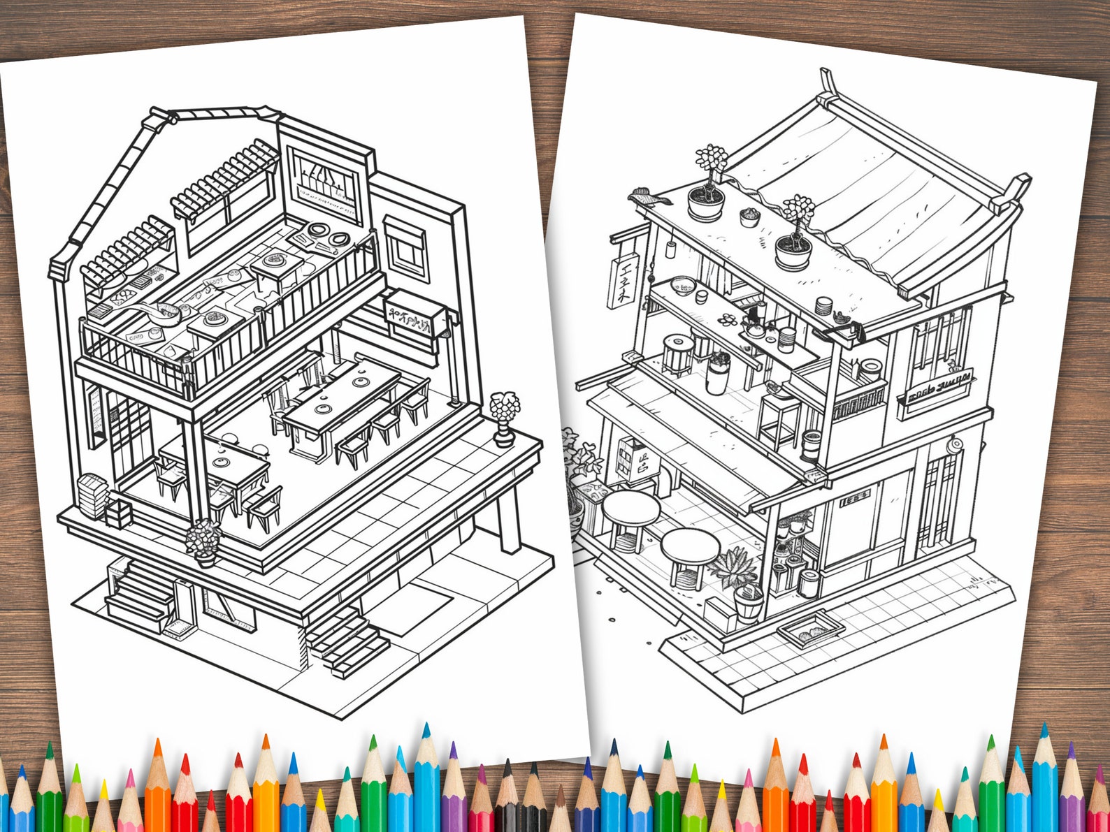 Japanese Restaurant Coloring Book: 35 Shop House Pages (digital ...
