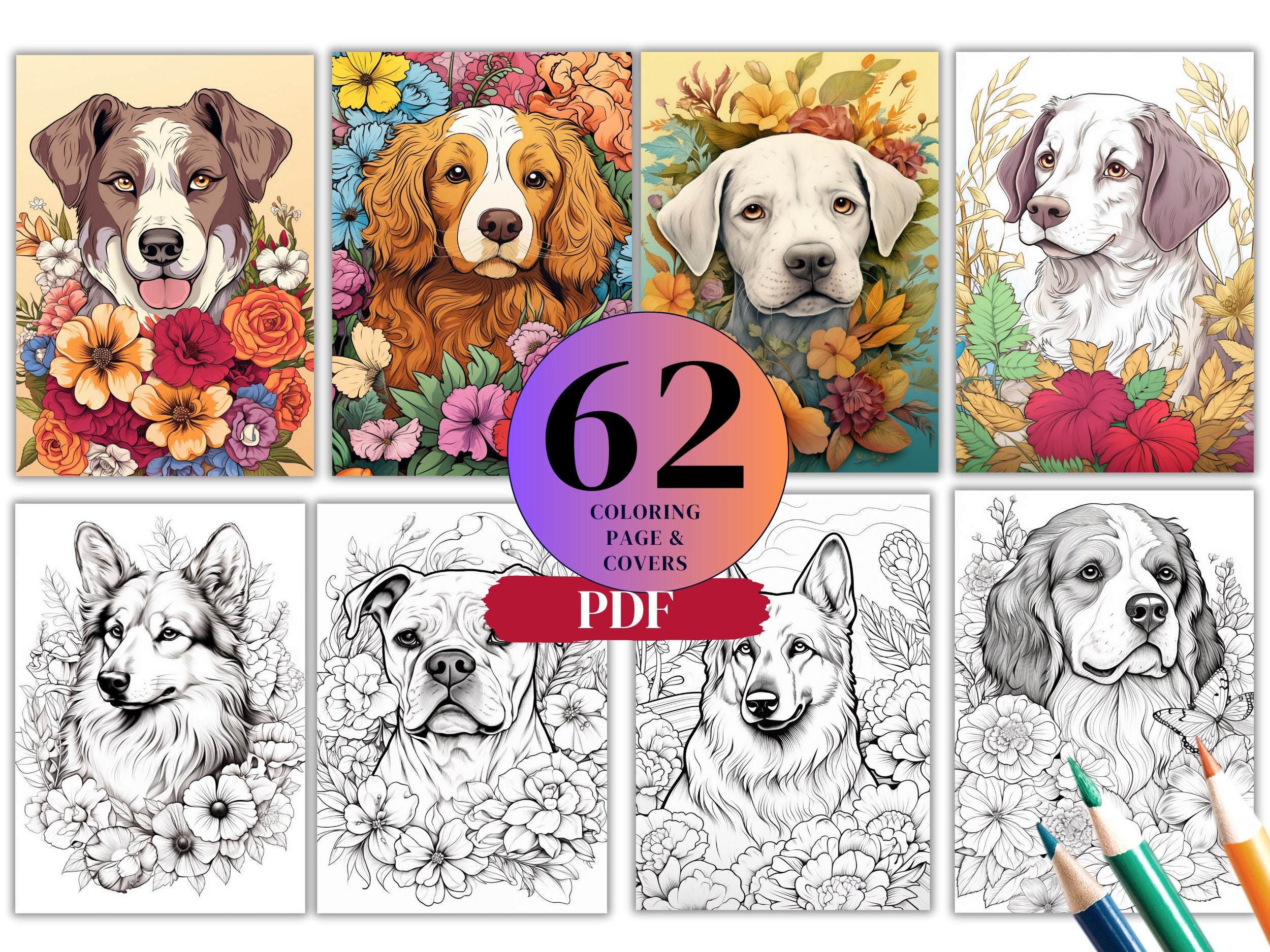62 Dogs and Flowers Coloring Pages for Adults Bundle, Coloring Book ...