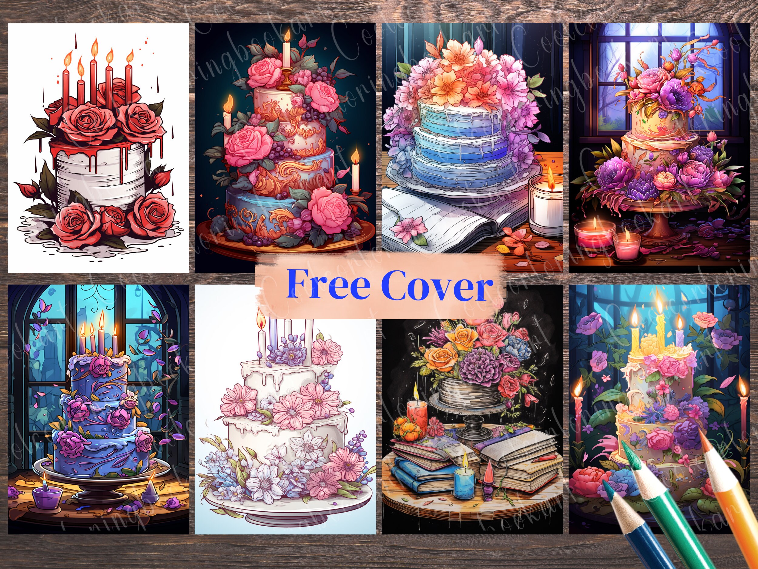 24 Cakes Coloring Book, Adults Kids Instant Download grayscale Coloring ...