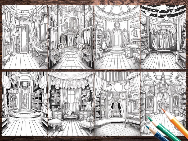 38 Dressing Room Coloring Page, Fantasy Grayscale Room Coloring Book ...