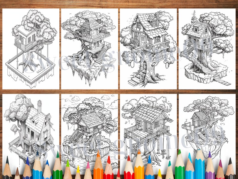 38 Treehouses Coloring Pages for Adults, Printable Grayscale Sheets ...