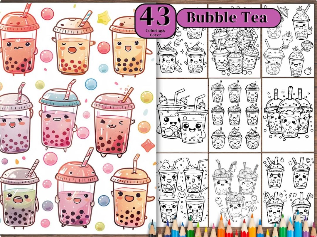43 Cute Kawaii Bubble Tea Coloring Book for Adults and Kids, Grayscale ...