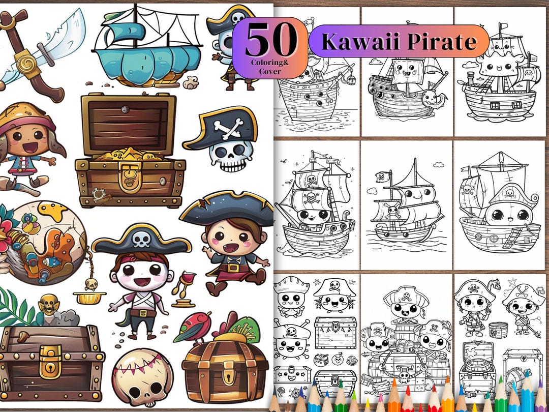 50 Kawaii Pirate Coloring Pages, Pirate Party, Pirate Decor, Kawaii ...
