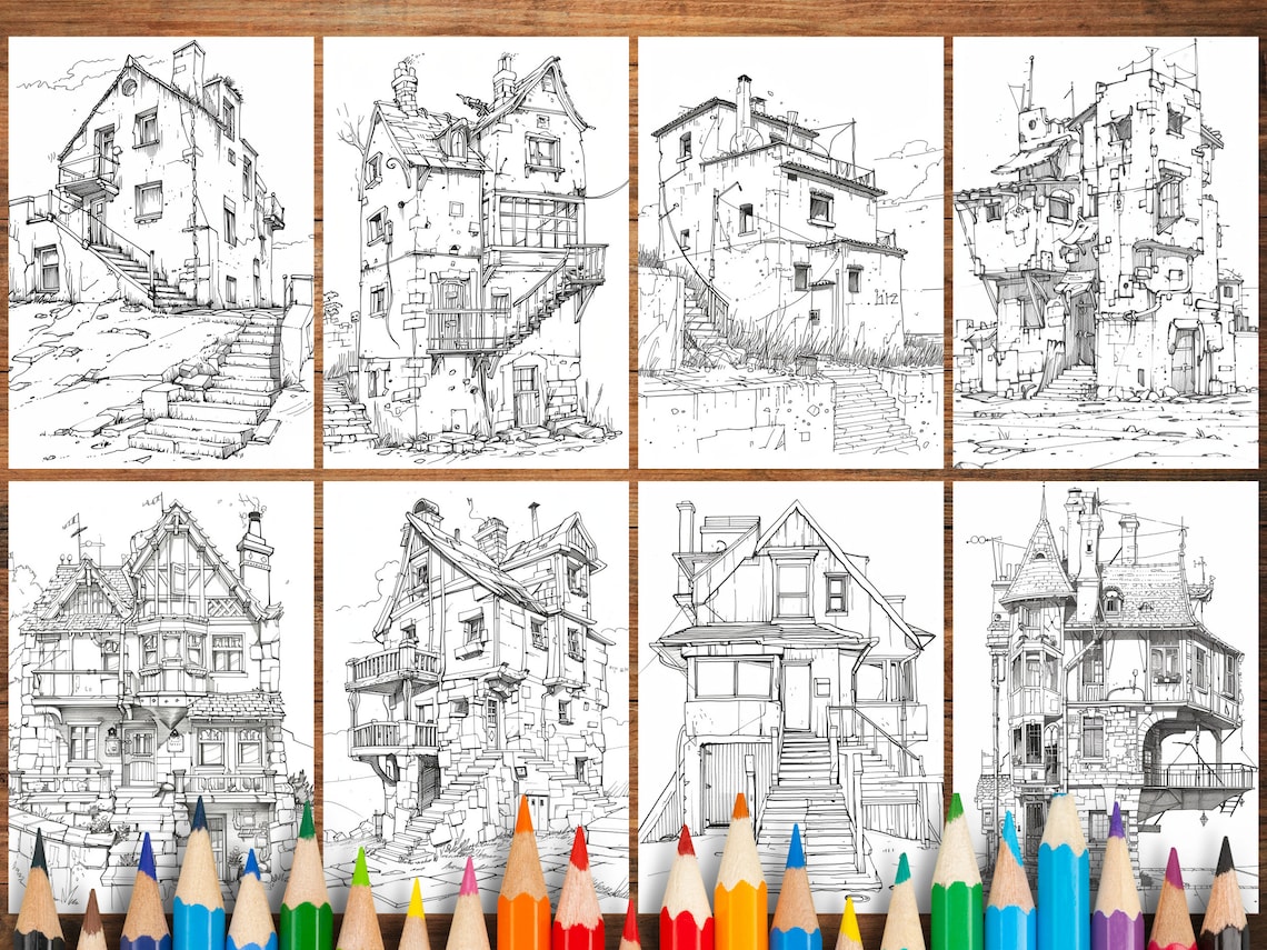40 Homes Coloring Book ,printable Adults Kids Coloring Pages ,instant ...