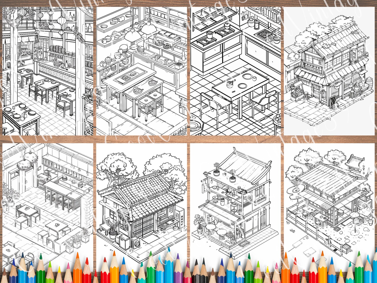 Japanese Restaurant Coloring Book: 35 Shop House Pages (digital ...