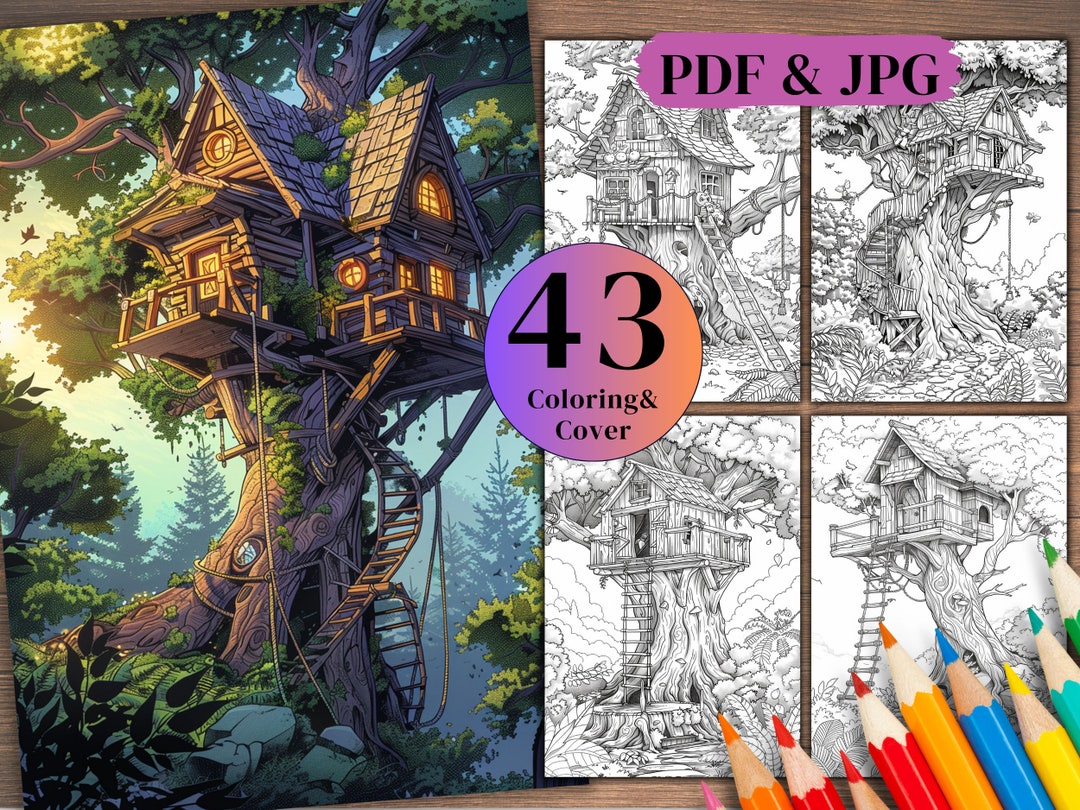 43 Enchanted Treehouse Coloring Page for Adults + Kids, Instant ...