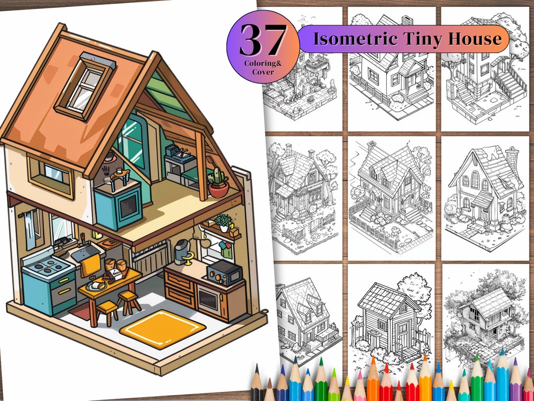 37 Isometric Tiny House Coloring Page, Printable Tiny House Coloring ...