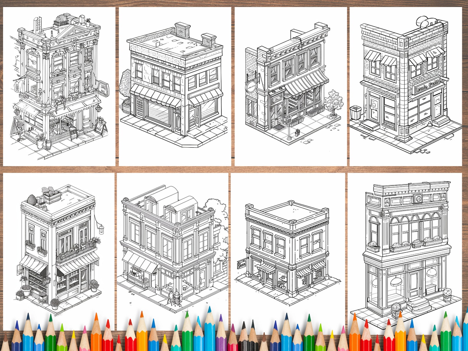 40 Isometric Vintage Storefront Coloring Books ,A4 Size Digital ...