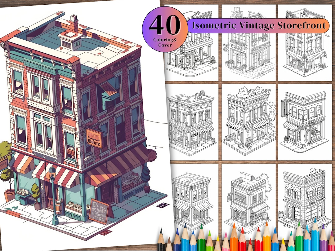 40 Isometric Vintage Storefront Coloring Books ,A4 Size Digital ...