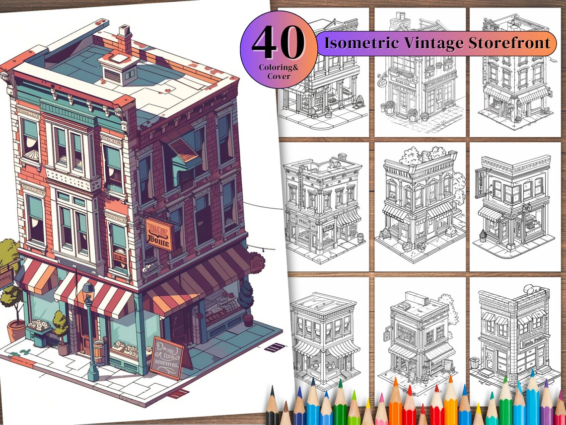 40 Isometric Vintage Storefront Coloring Books ,A4 Size Digital ...