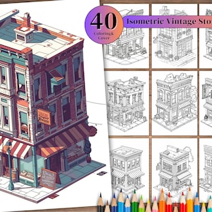 40 Isometric Vintage Storefront Coloring Books ,A4 Size Digital ...
