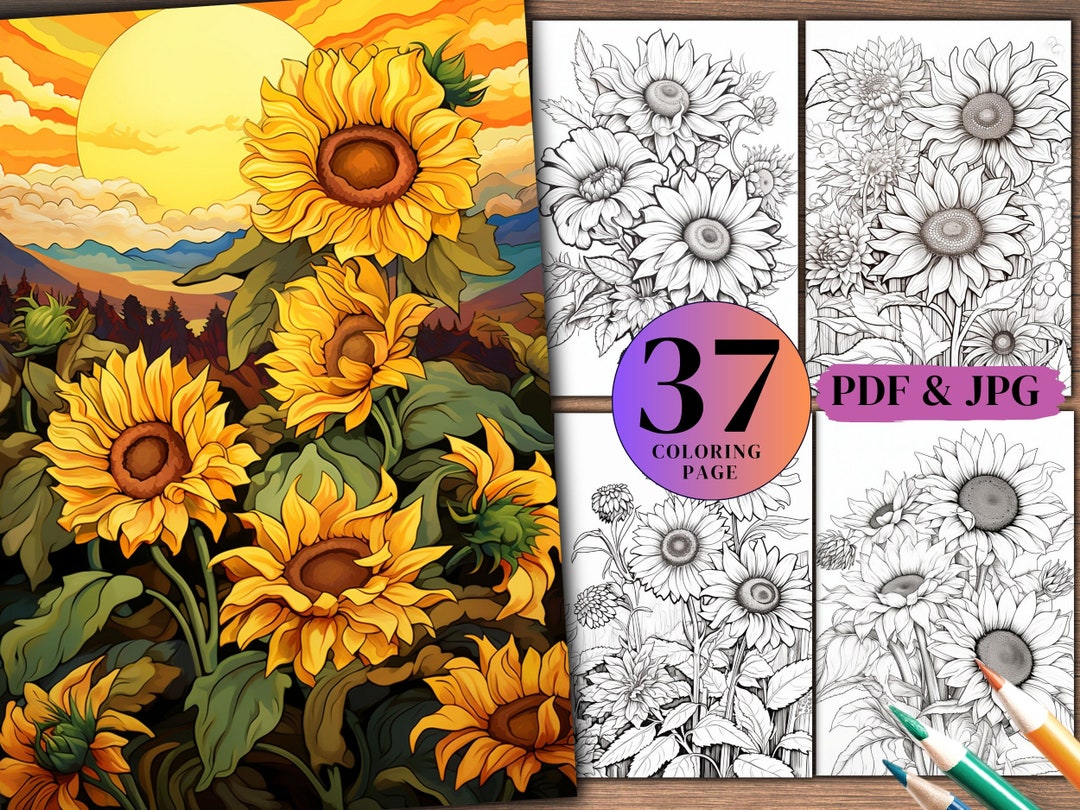 37 Sunflowers Coloring Book, Printable PDF, Botanical Floral Plant ...