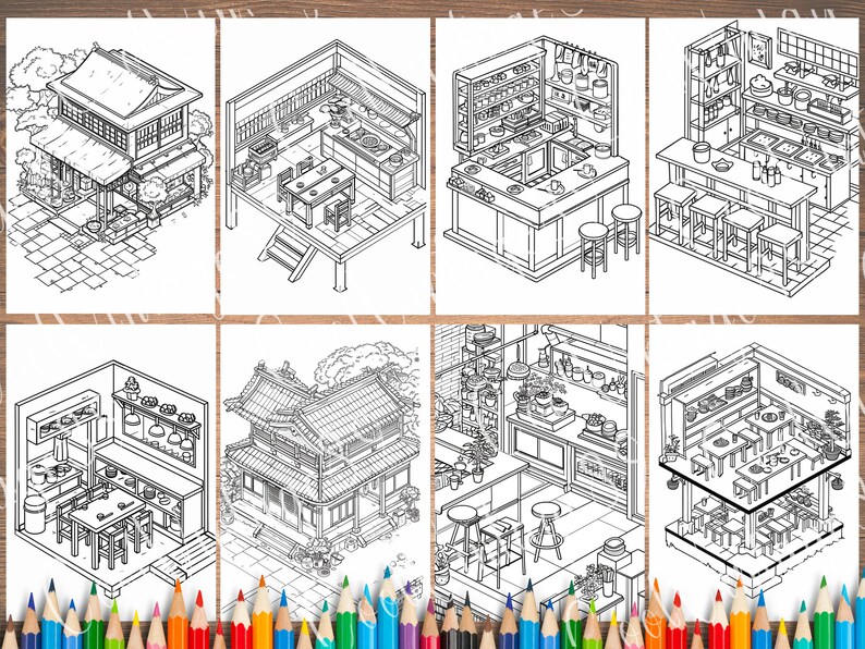 Japanese Restaurant Coloring Book: 35 Shop House Pages (digital ...