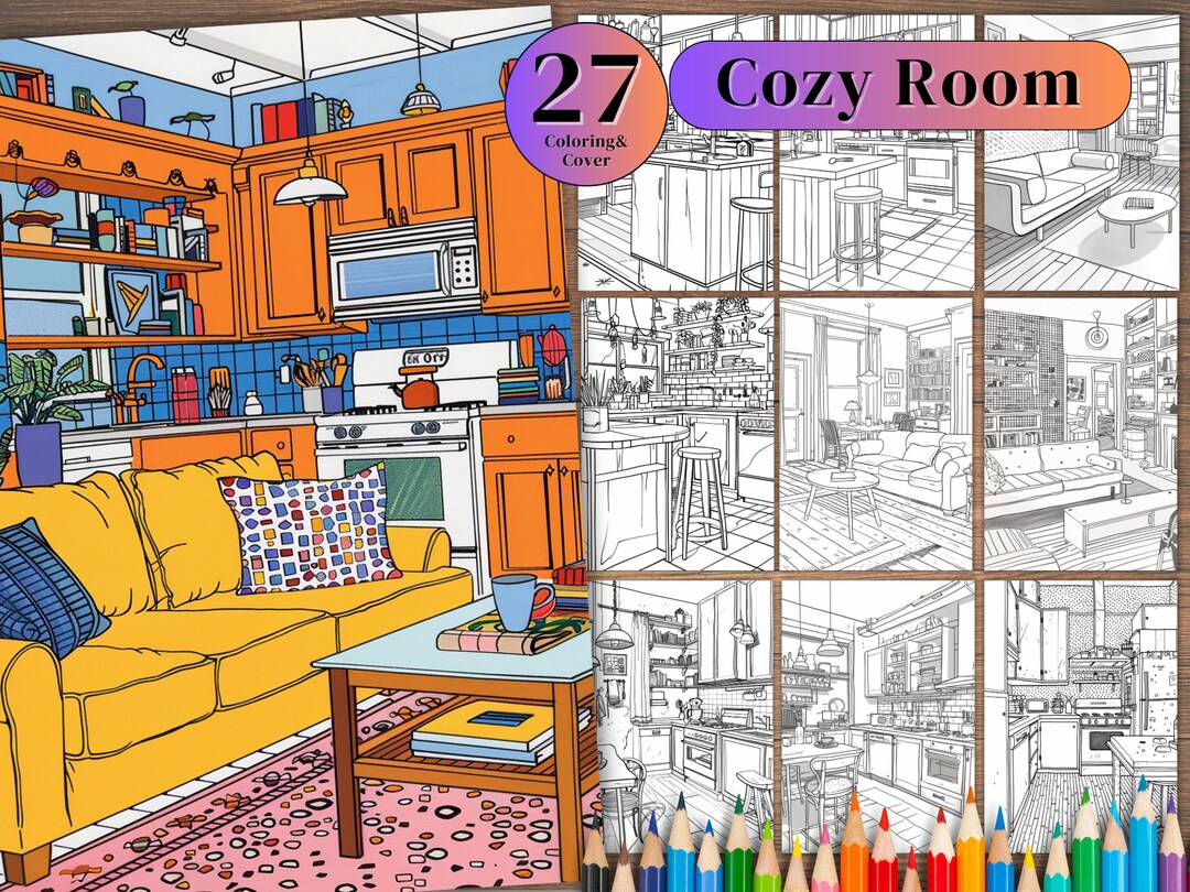 27 Cozy Room Coloring Books Printable PDF, Boho Bohemian Architecture ...