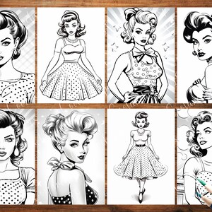 42 Rockabilly Retro Girl Coloring Pages: Grayscale (printable PDF & JPG ...