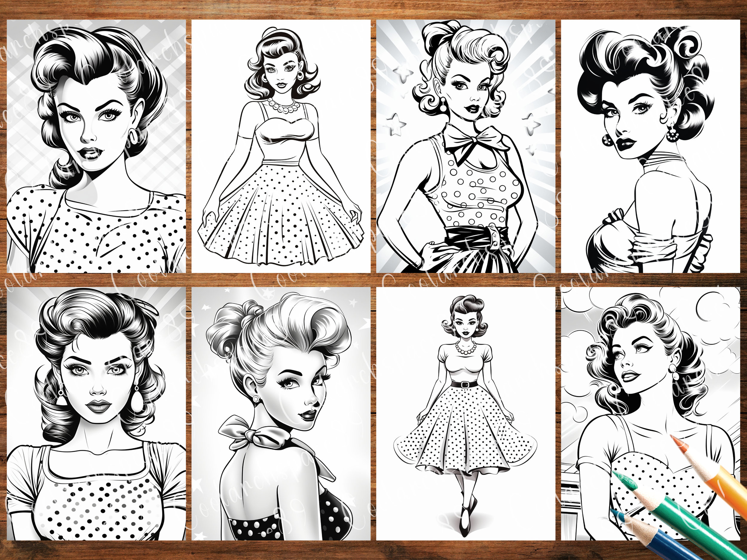 42 Rockabilly Retro Girl Coloring Pages: Grayscale (printable PDF & JPG ...