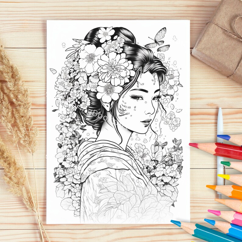 22 Grayscale Japanese Geisha Coloring Book Printable Adult - Etsy