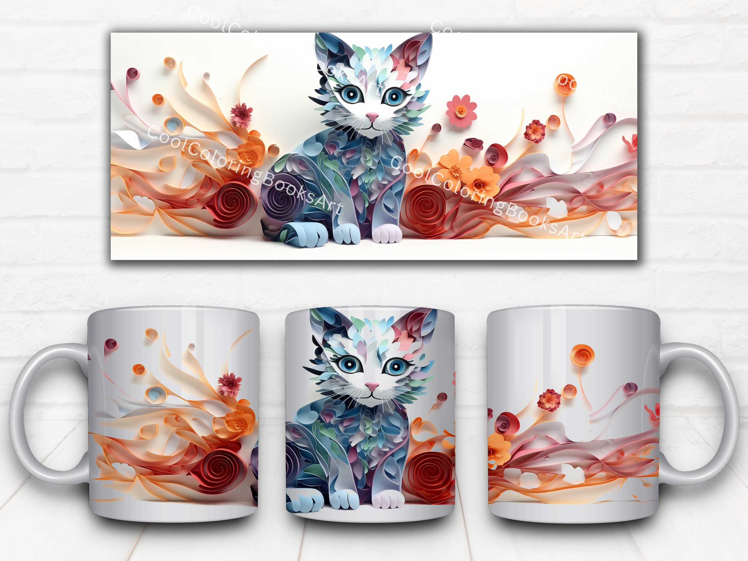 3D Magical Kitten With Flowers , 3D Tabby Cat Mug Wrap, Cat Mug Design ...