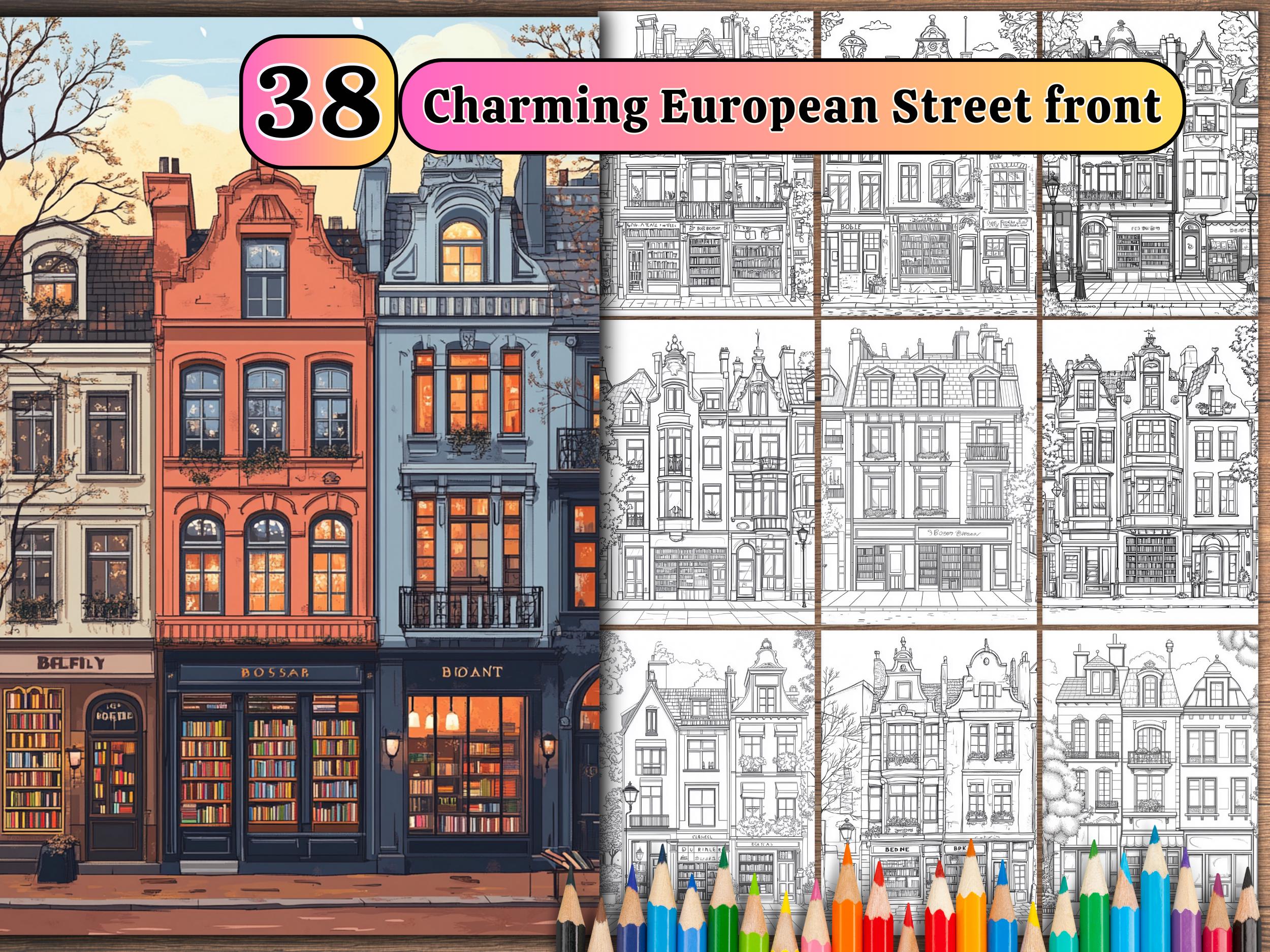 European Streetfront Coloring Page: Vintage Bookstore & Cafe (PDF) - Etsy