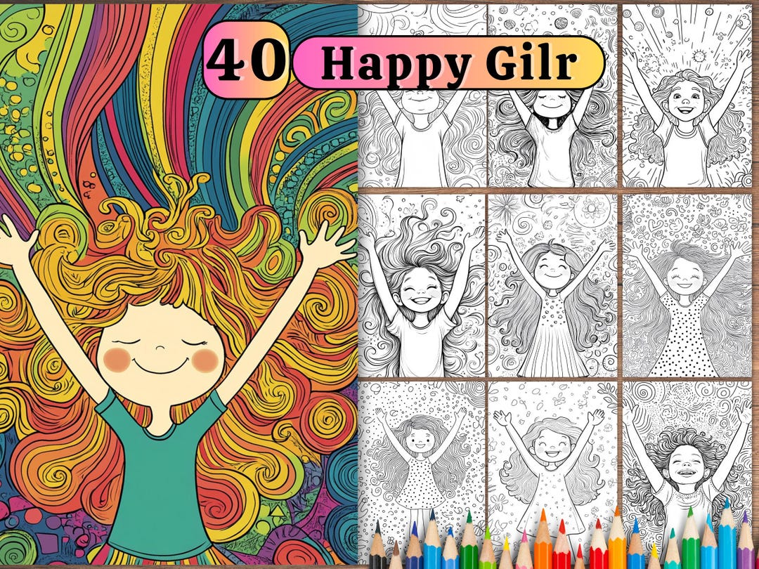 40 Happy Girl Coloring Page Fun for Kids and Adults, Digital Downloads ...