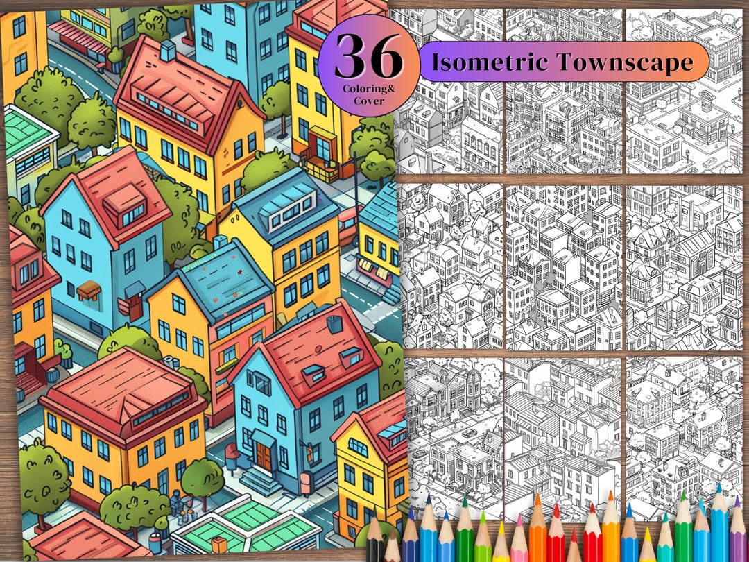 36 Isometric Townscape Coloring Books , Digital Downloads PDF. - Etsy