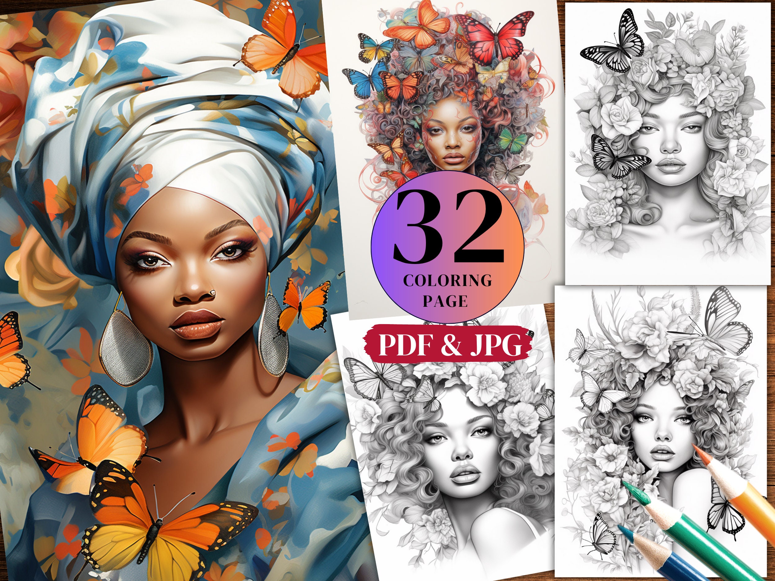 32 Butterfly Black Women and Girls Coloring Pages ,printable Adult ...