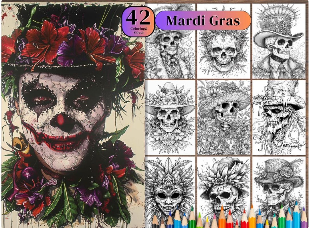42 Mardi Gras Coloring Book for Adults and Kids, Mardi Gras People ...