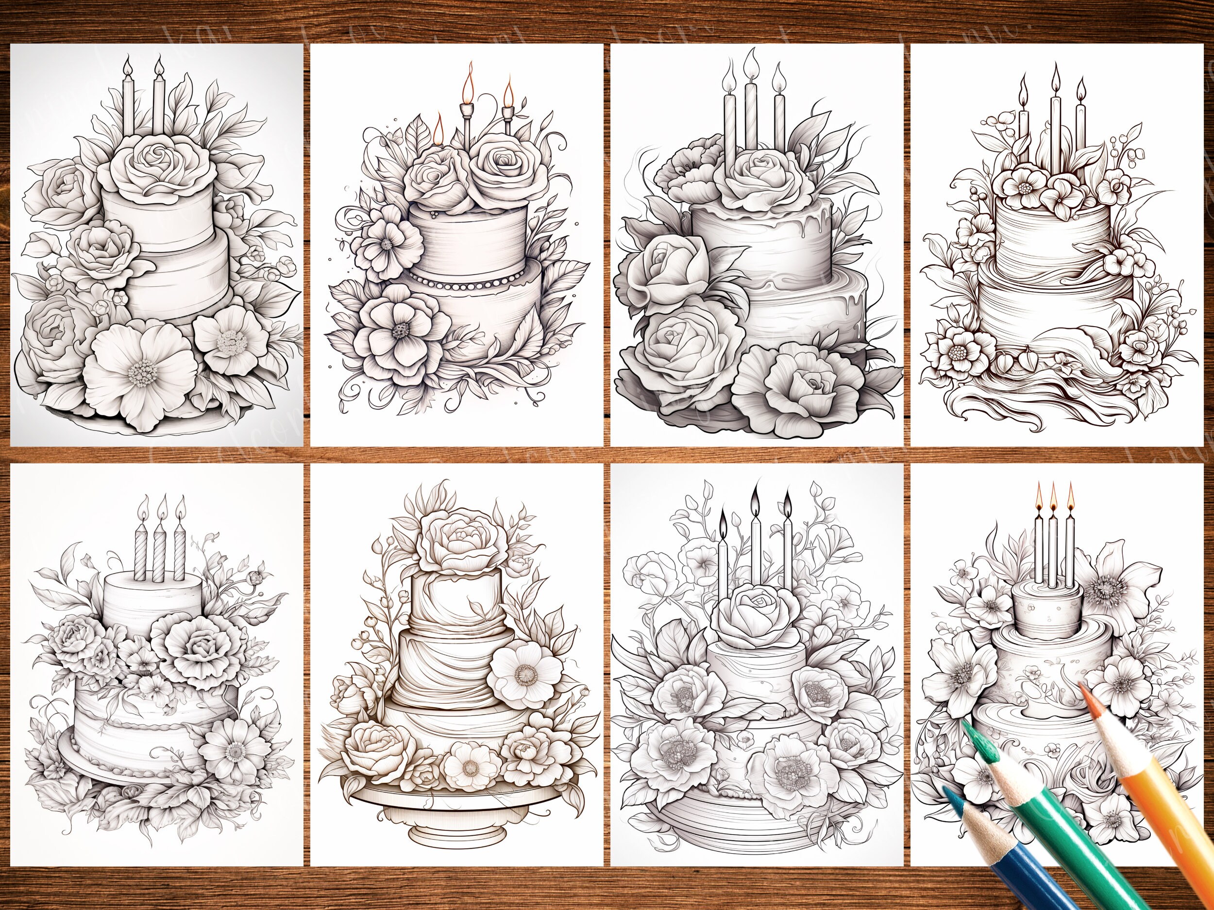 24 Cakes Coloring Book, Adults Kids Instant Download grayscale Coloring ...