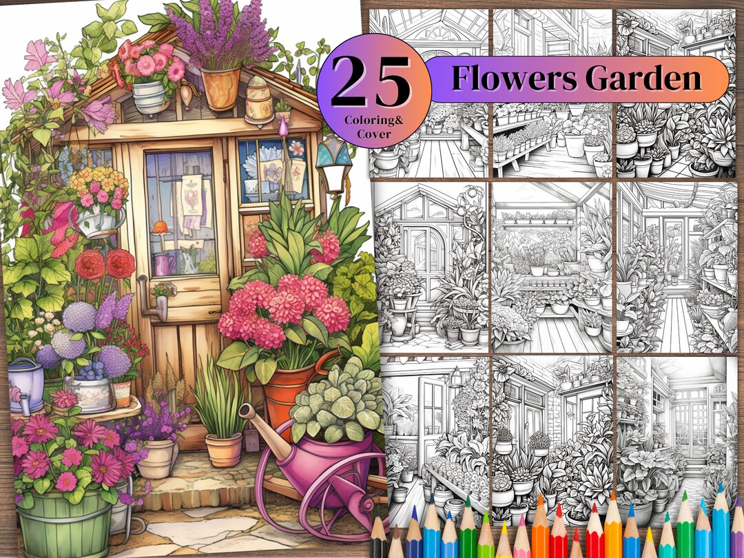 25 Flowers Garden Coloring Book, Instant Download -grayscale Coloring ...