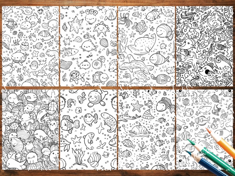 50 Doodle Ocean Animals Färbung Seite, Ausdruck von Kids Suchaktivität, niedliche Cartoons ...