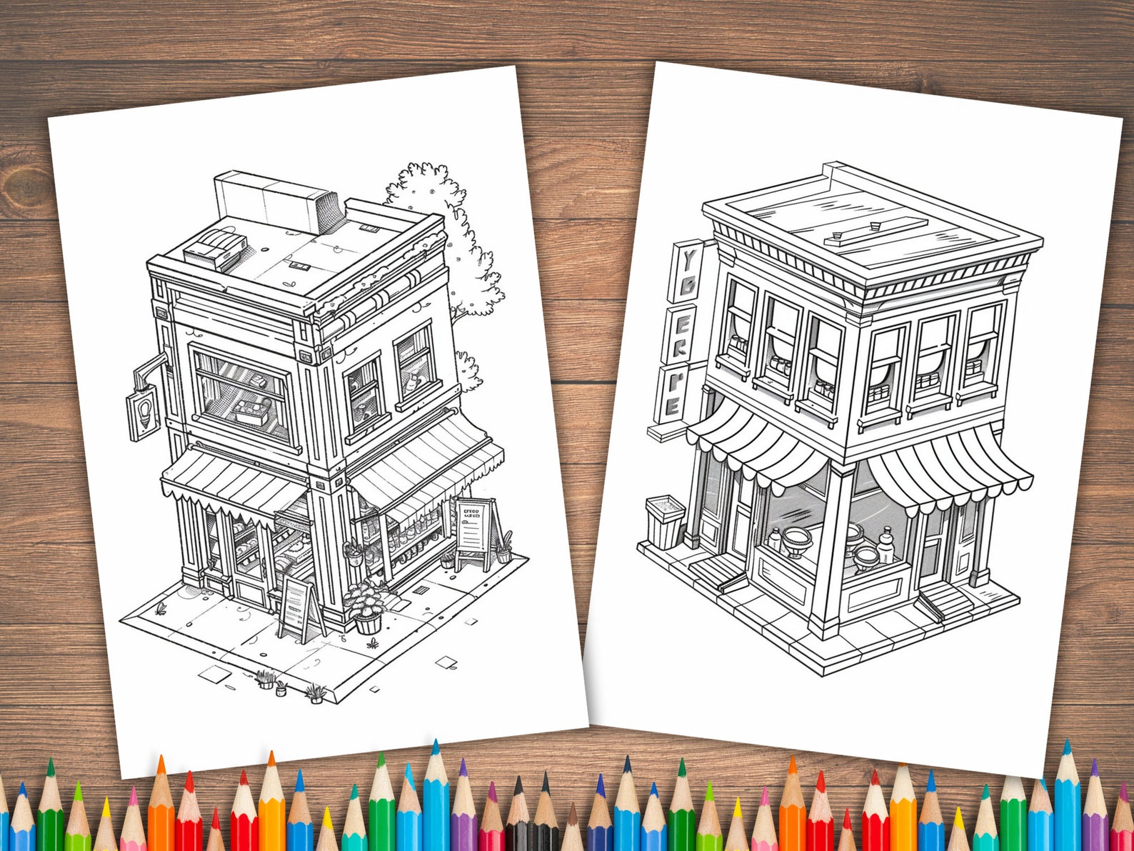 40 Isometric Vintage Storefront Coloring Books ,A4 Size Digital ...