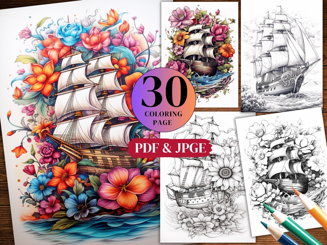 30 Flower Ships Coloring Pages, Instant Download, Grayscale Coloring ...