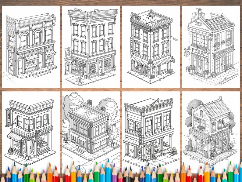 40 Isometric Vintage Storefront Coloring Books ,A4 Size Digital ...