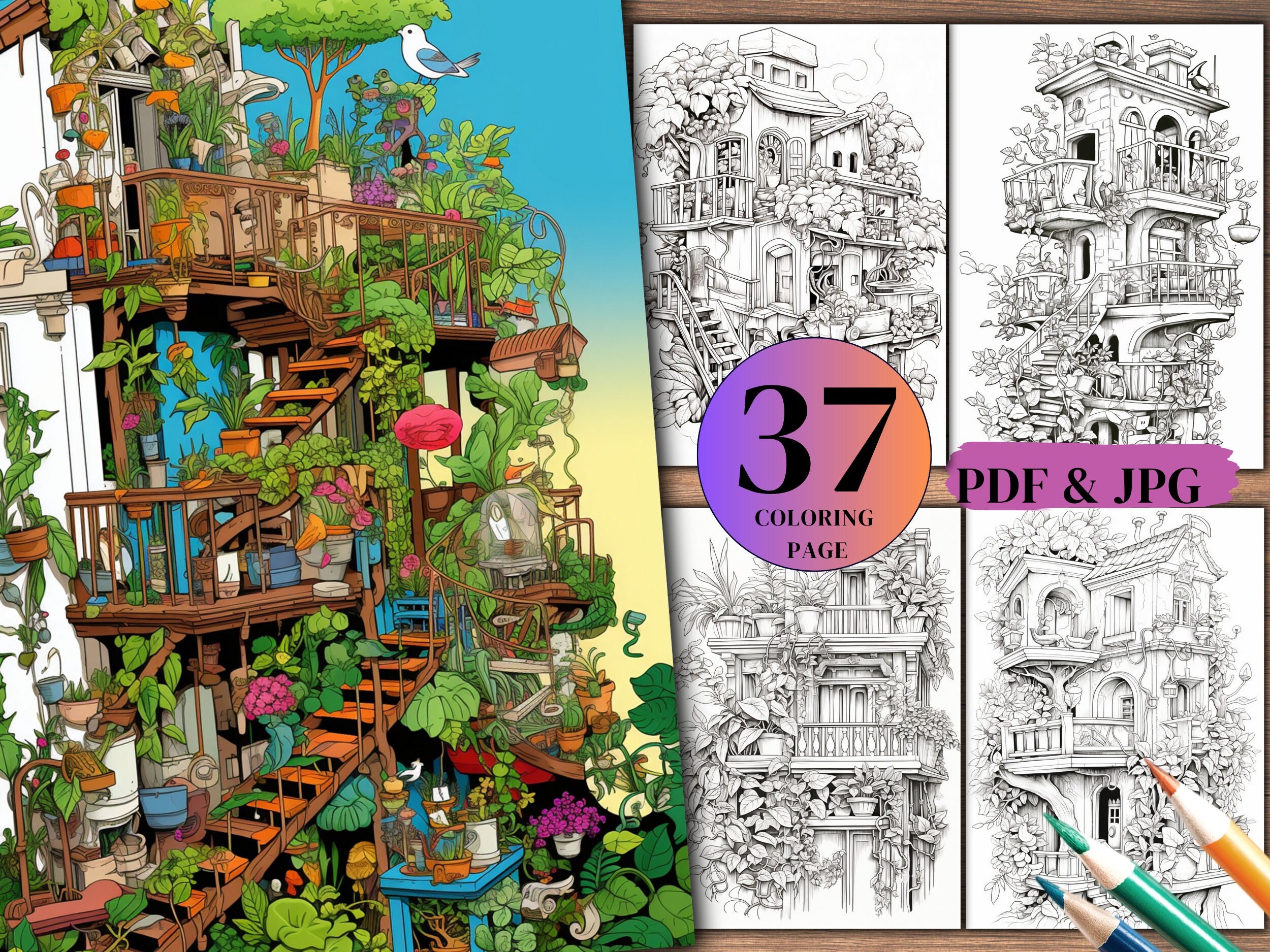 37 Flora Homes Coloring Book, Adults Kids Instant Download grayscale ...