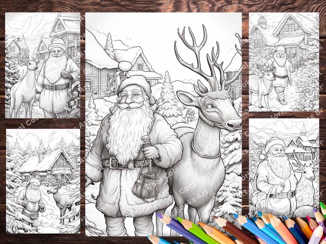 25 Santa and Deer Coloring Pages for Adults, Dark and Light Version in ...