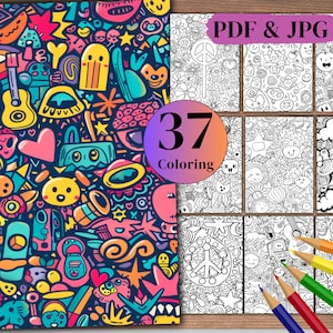 37 Groovy Retro Doodle Coloring Pages, Instant Download, Printable ...