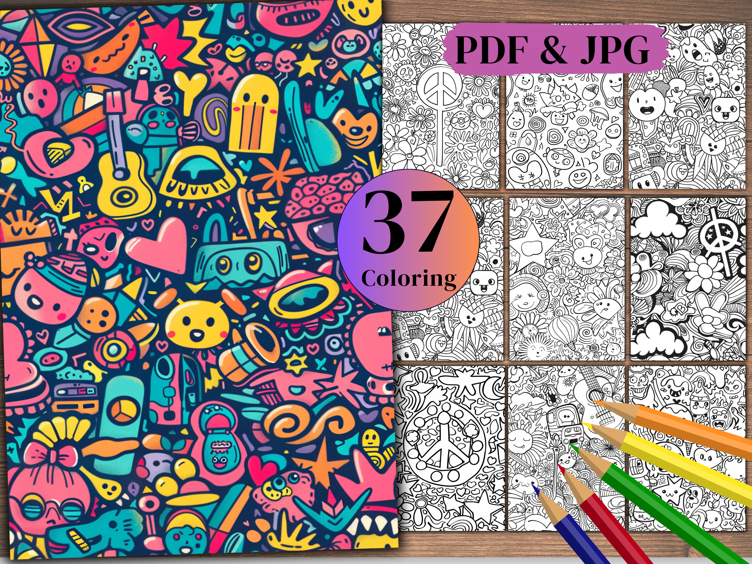 37 Groovy Retro Doodle Coloring Pages, Instant Download, Printable ...