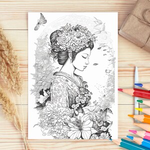 22 Grayscale Japanese Geisha Coloring Book Pages (printable PDF) - Etsy