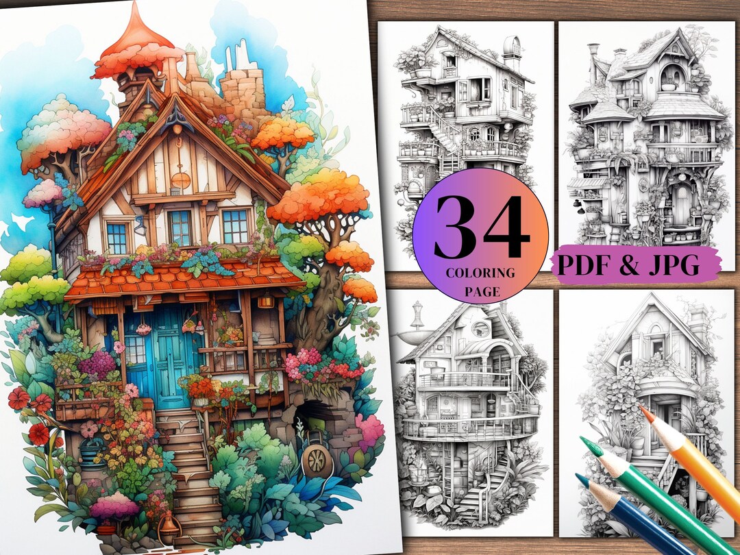 34 Floral Cottage House Coloring Pages, Flower Coloring Book, Adults ...