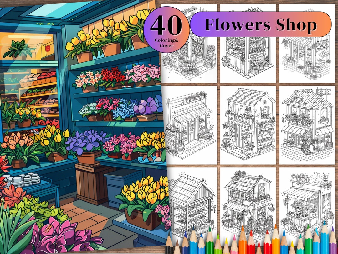 40 Flower Shop Coloring Pages, Coloring Book, Adults + Kids, Grayscale ...