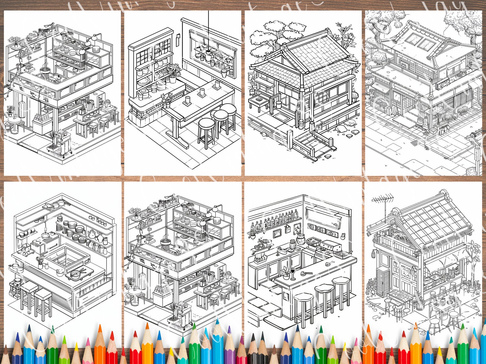 Japanese Restaurant Coloring Book: 35 Shop House Pages (digital ...