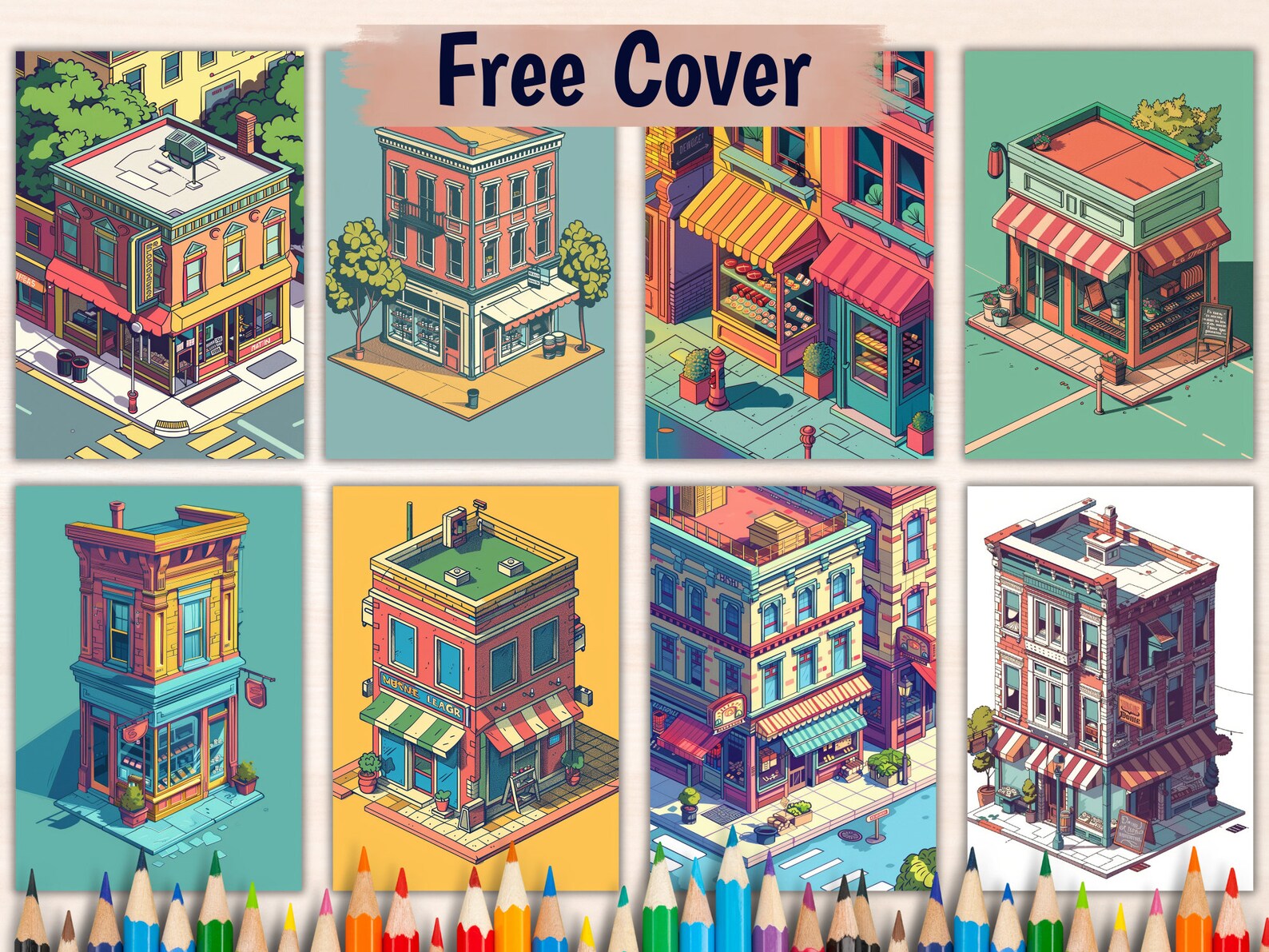 40 Isometric Vintage Storefront Coloring Books ,A4 Size Digital ...