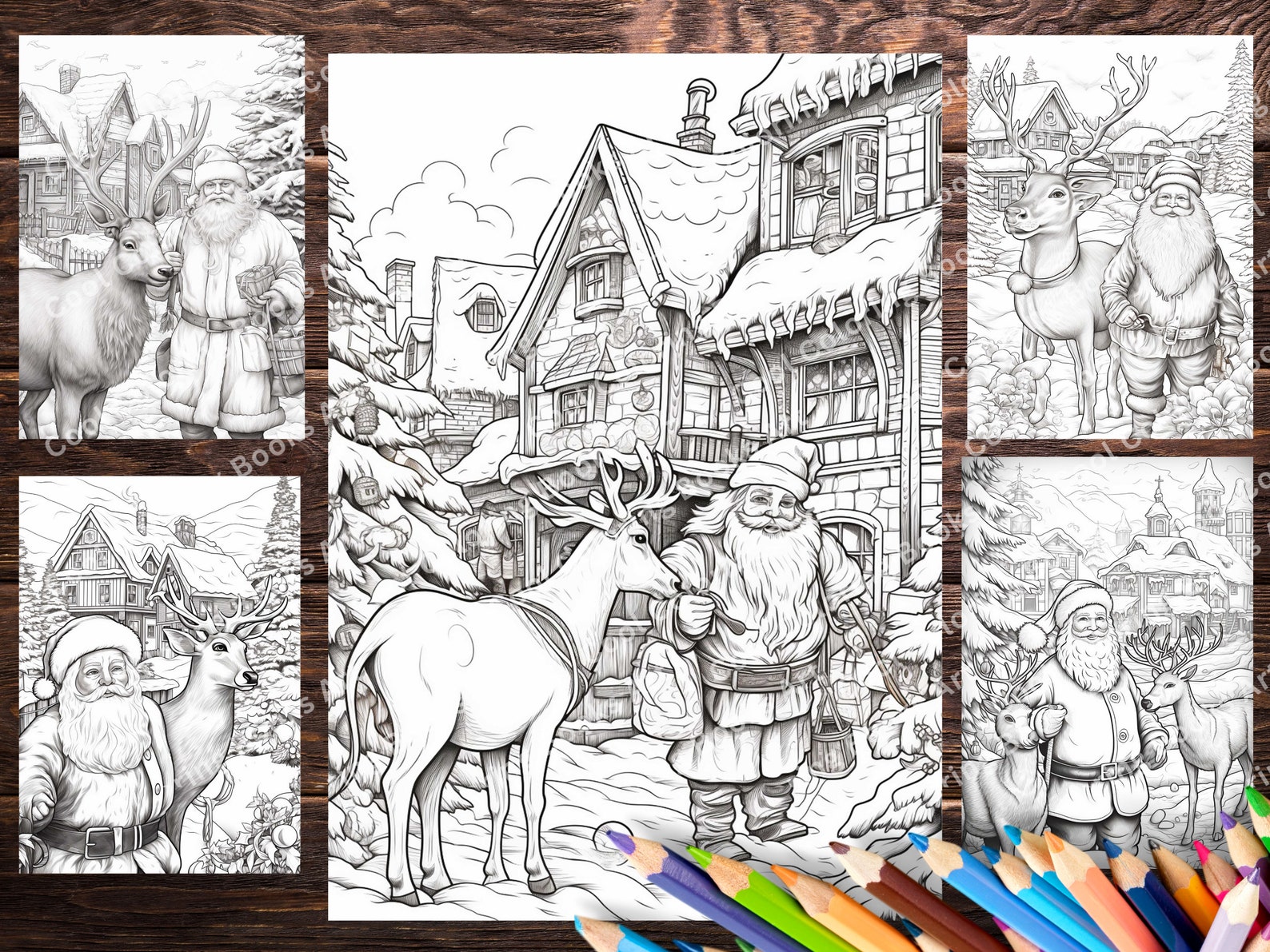 25 Santa and Deer Coloring Pages for Adults, Dark and Light Version in ...