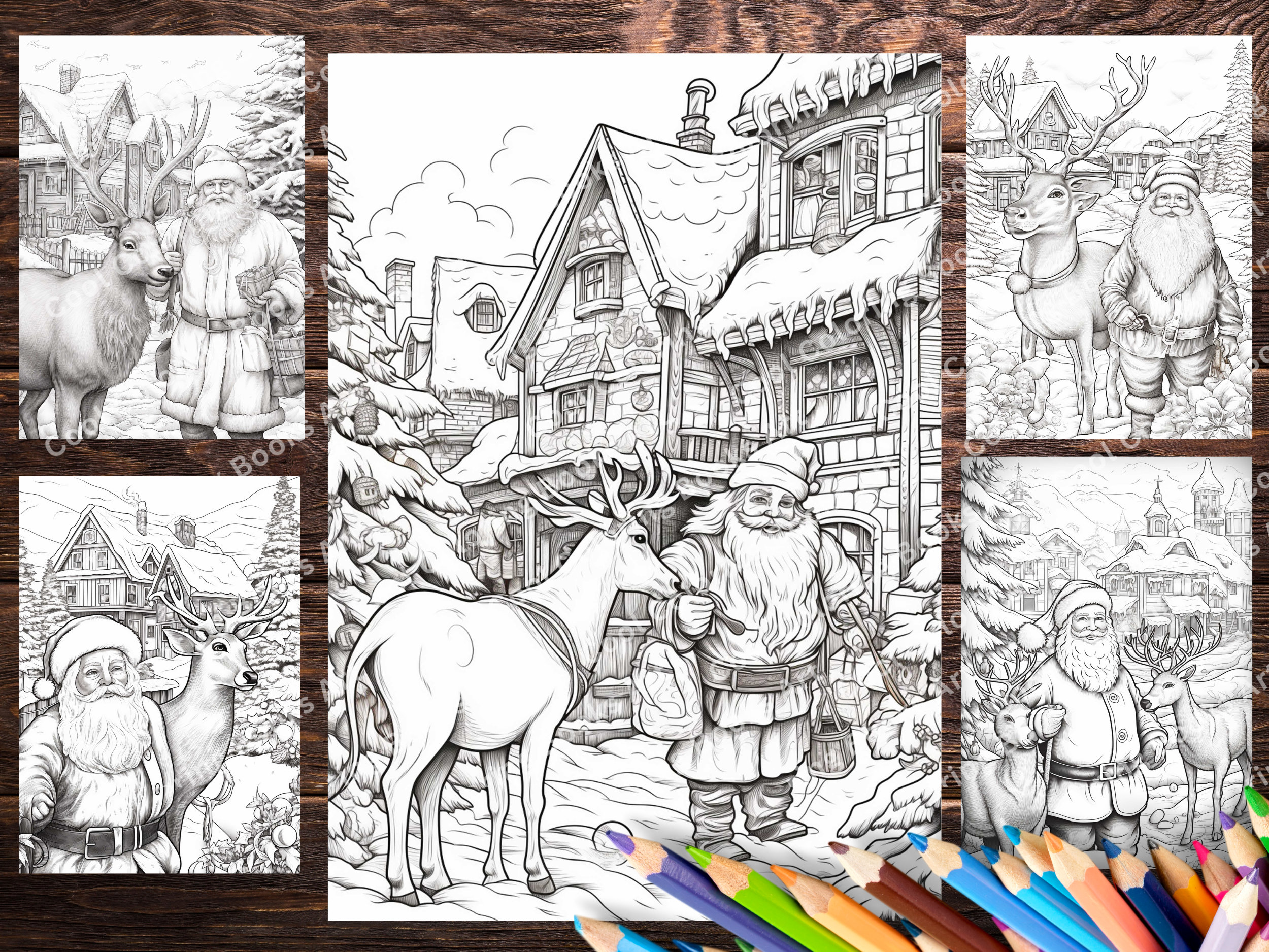 25 Santa and Deer Coloring Pages for Adults Dark and Light - Etsy