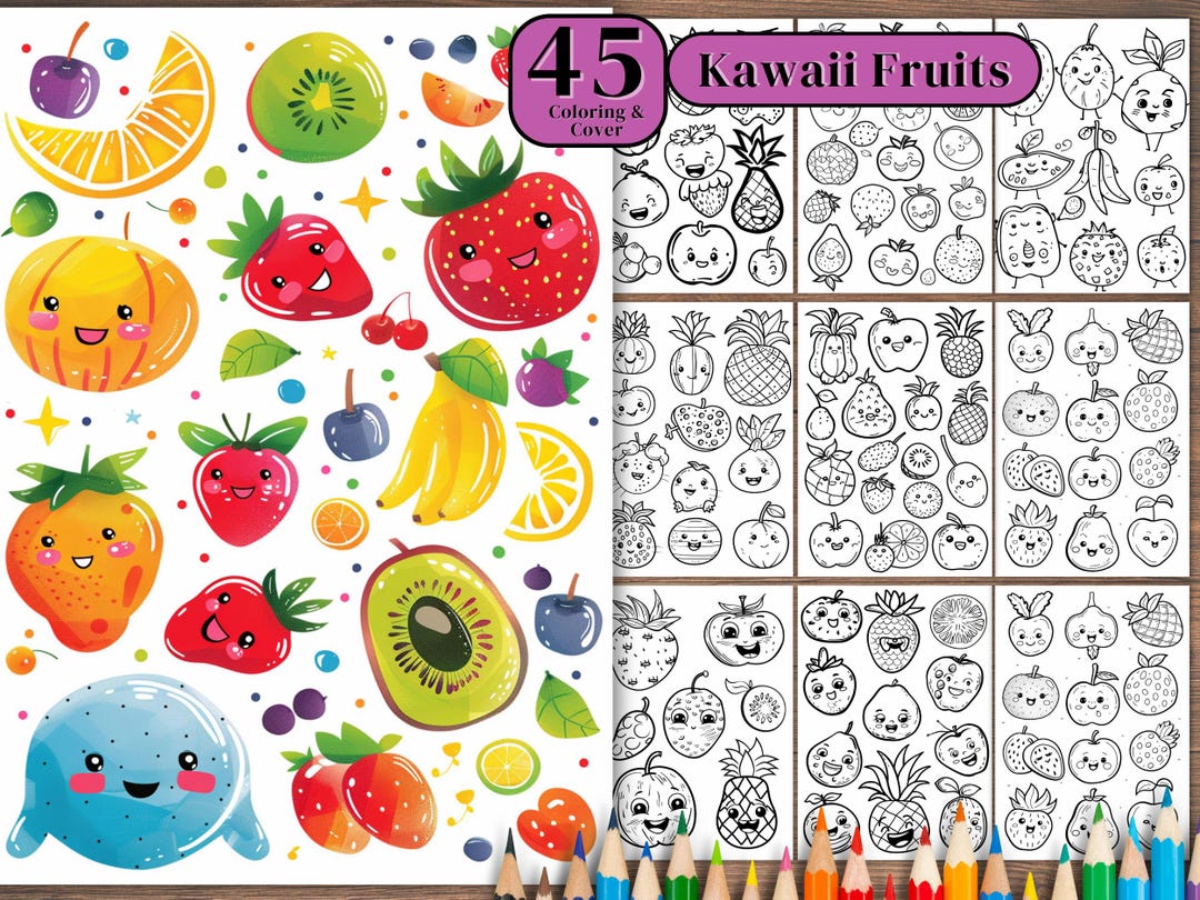 45 Kawaii Fruits Coloring Pages - Adult and Kids Coloring Book, Fruit ...