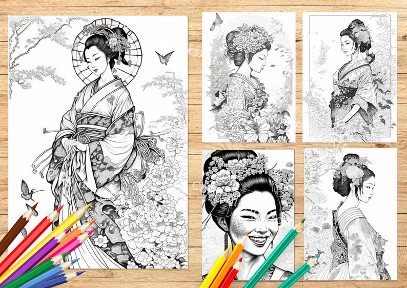 22 Grayscale Japanese Geisha Coloring Book Printable Adult - Etsy