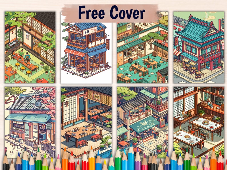 Japanese Restaurant Coloring Book: 35 Shop House Pages (digital ...