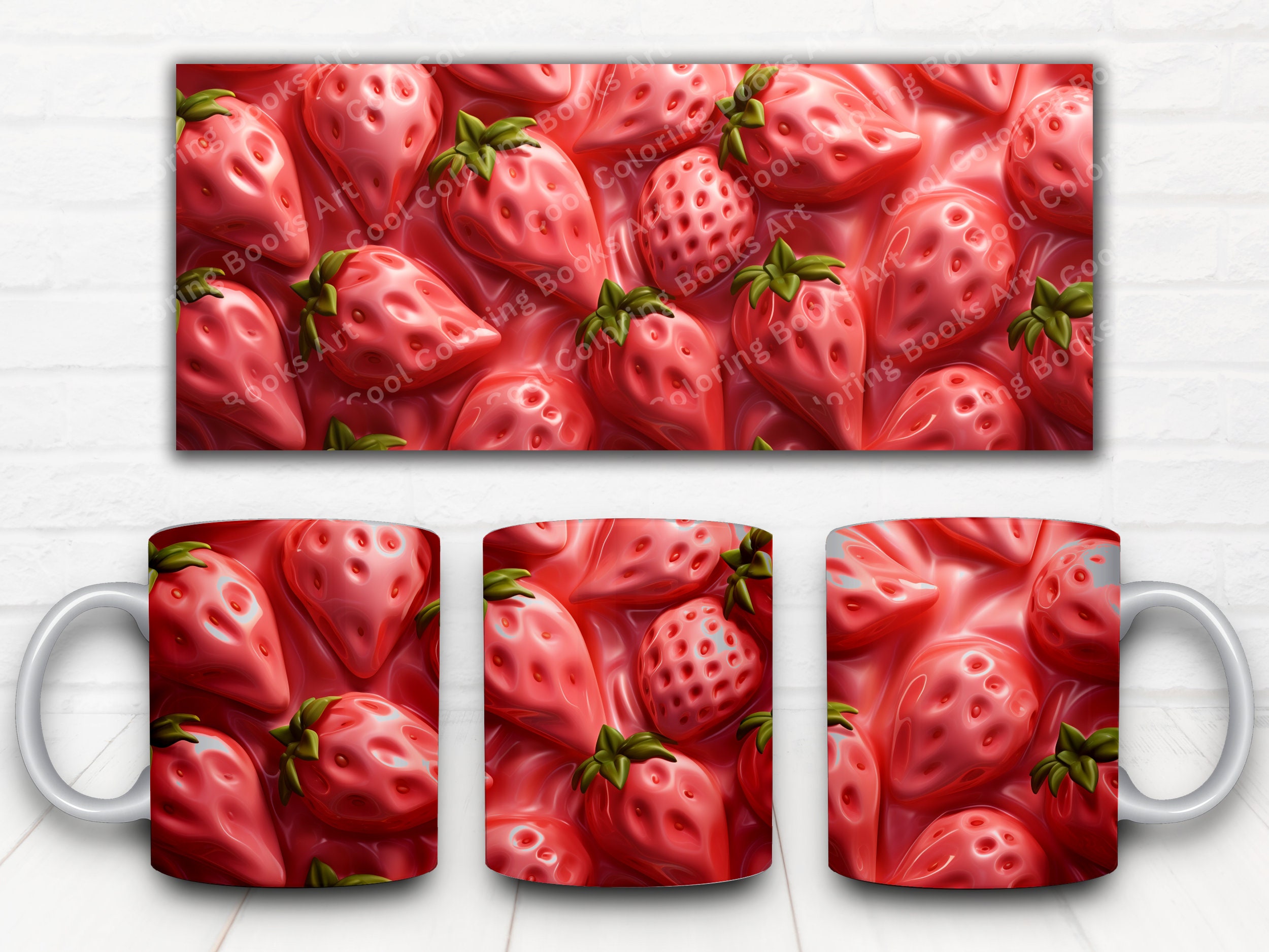 3D Strawberry Mug Wrap Sublimation Design, 3D Strawberry Sublimation ...