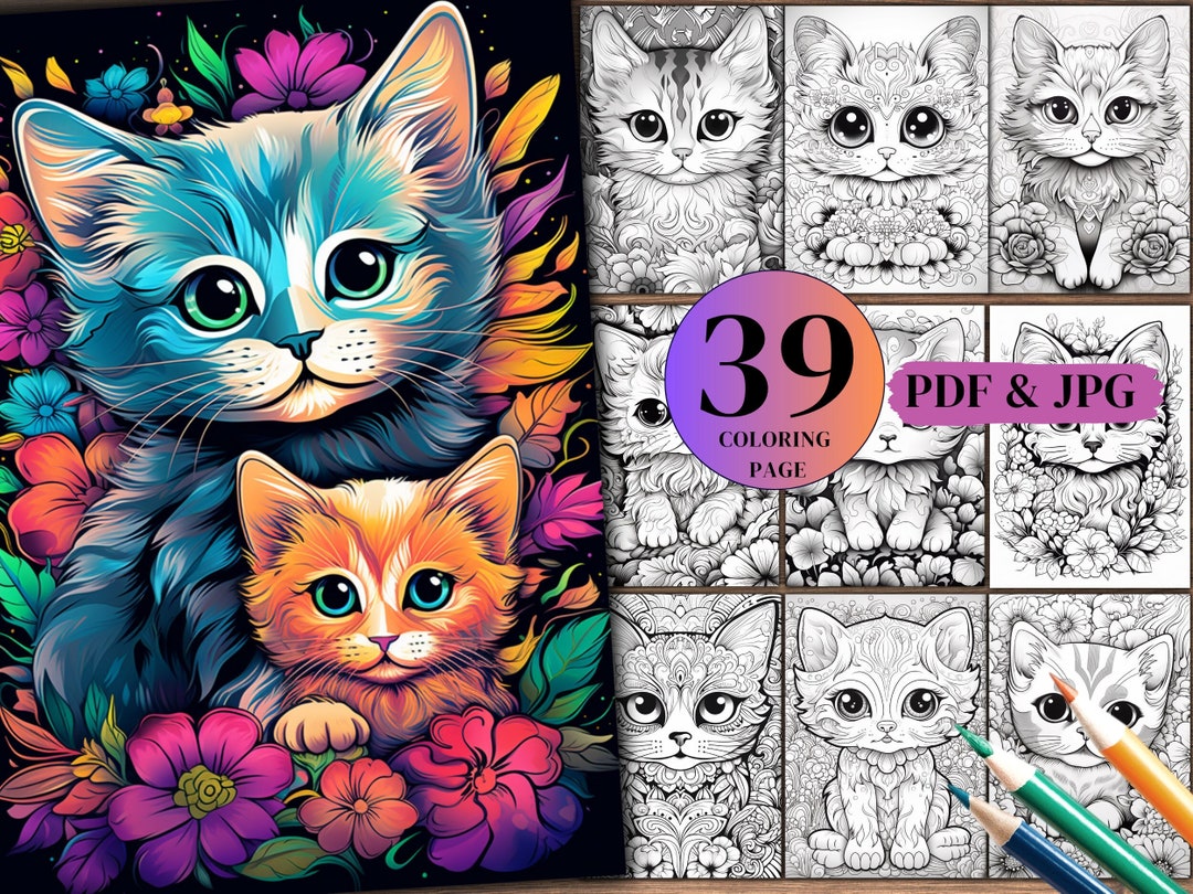 39 Kawaii Cat Coloring Book Fun Cat Designs Relaxing , Gift for Cat ...