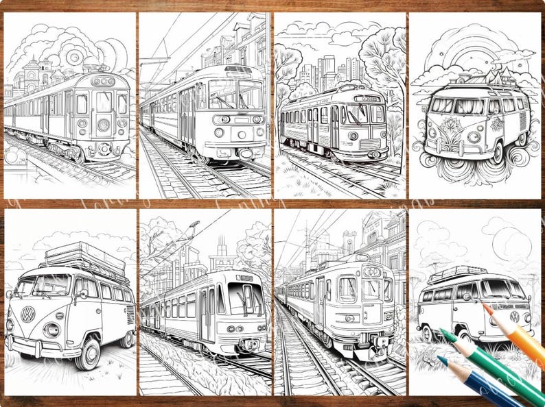 Train & Car Coloring Page: Random Transport Designs (PDF) - Etsy